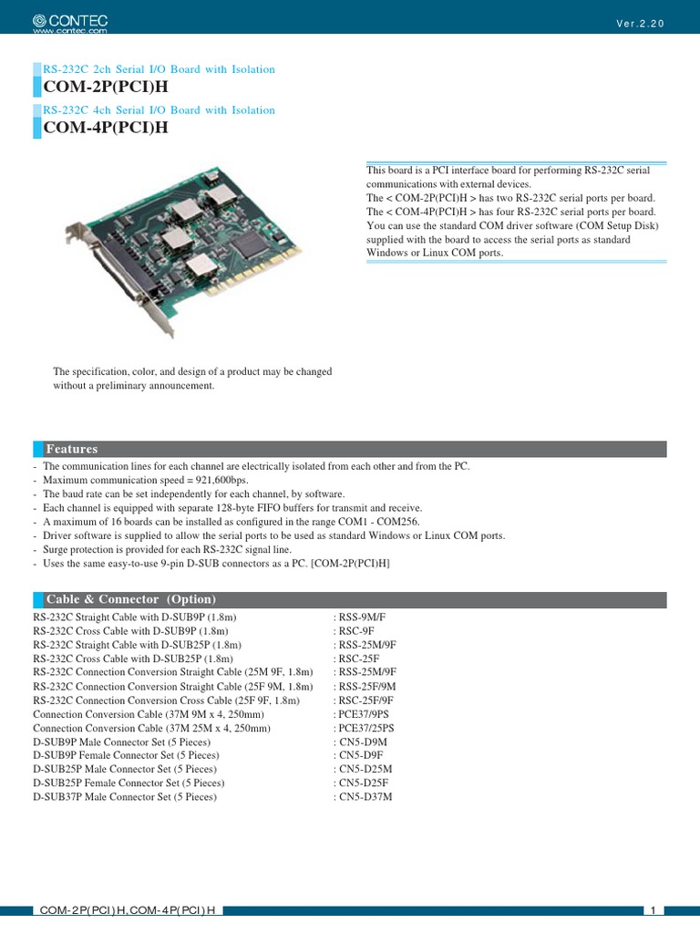 COM-2P (PCI) H COM-4P (PCI) H: RS-232C 2ch Serial I/O Board With ...