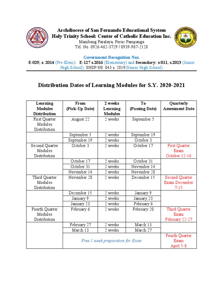 Distribution Dates For Modules For Sy 2020-2021 | PDF | Learning ...