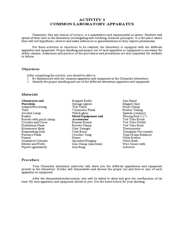 Activity 1 Common Laboratory Apparatus: Objectives | PDF | Laboratories ...