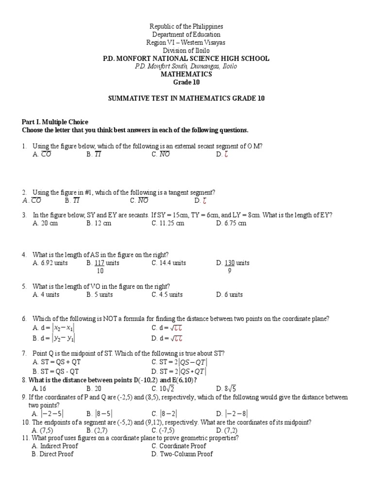 CO TI NO: P.D. Monfort National Science High School Mathematics Grade ...