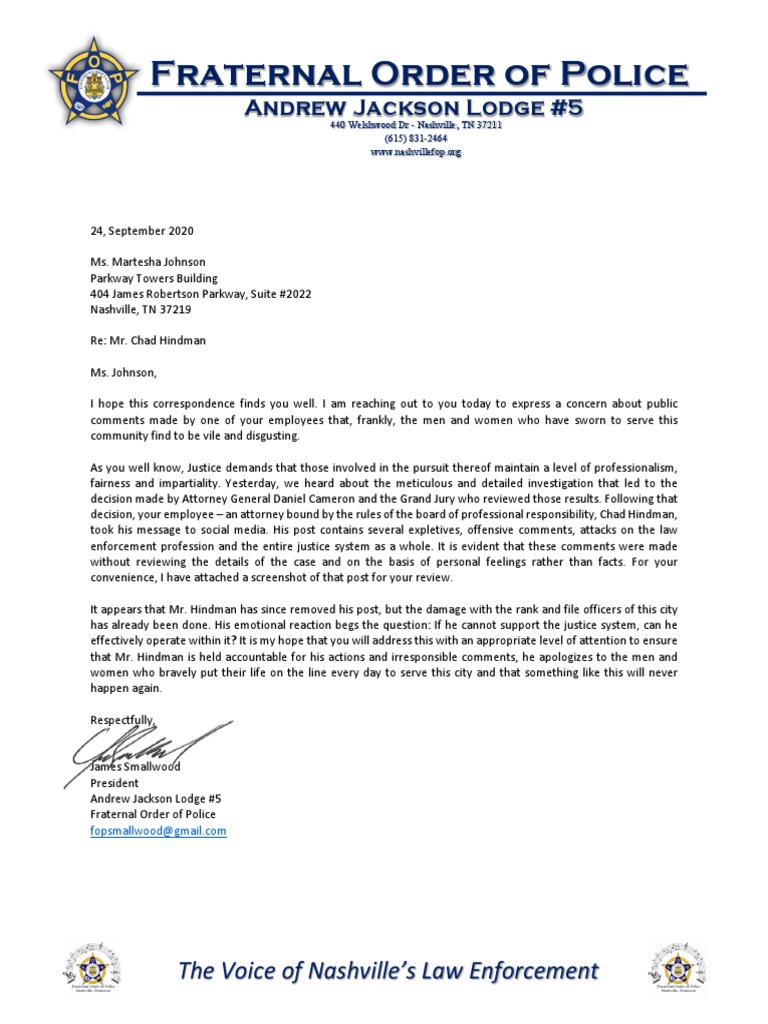 Letter To Public Defender From Nashville FOP - 09/24/20 | PDF | Law