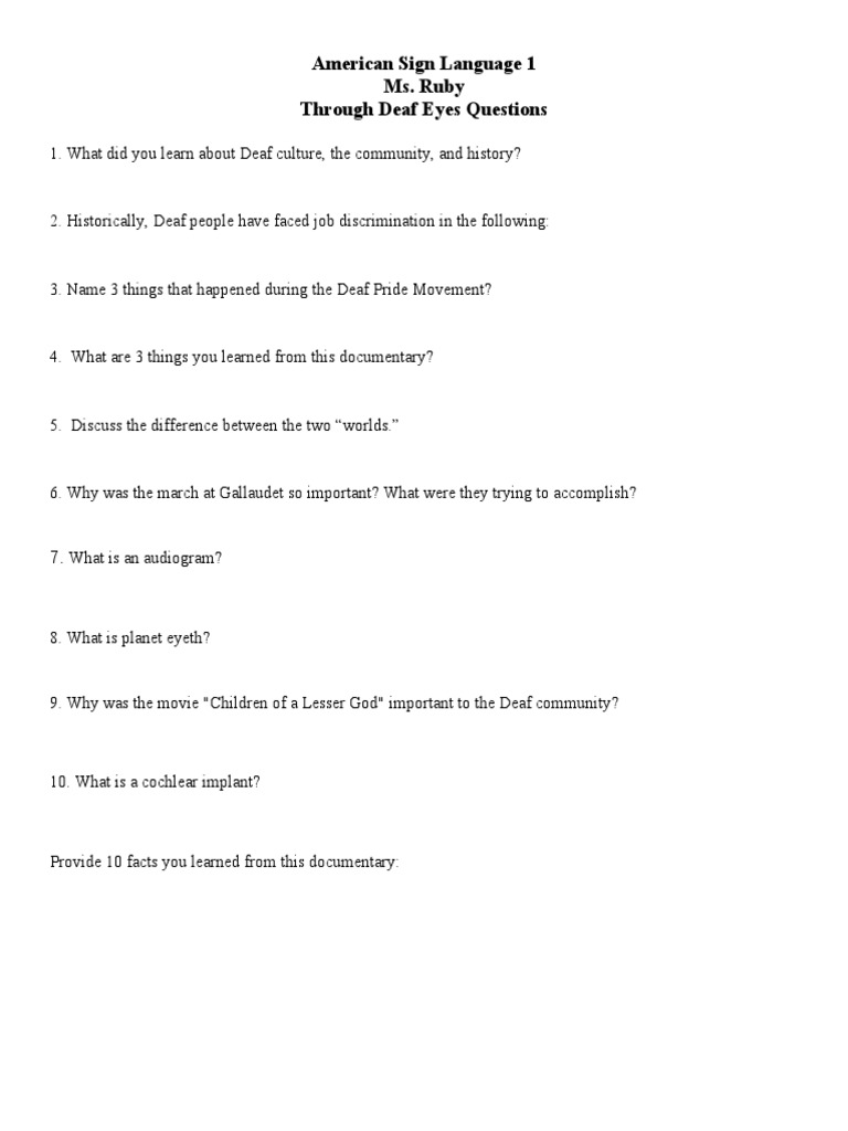 American Sign Language 1 Ms. Ruby Through Deaf Eyes Questions | PDF
