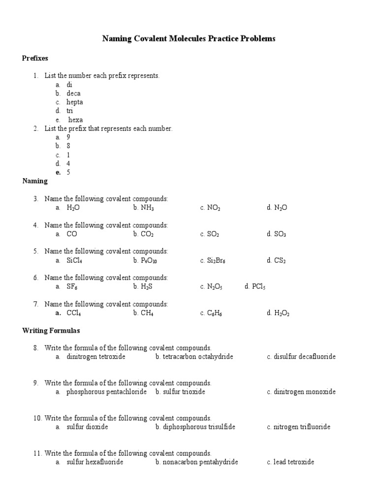 Naming Covalent Molecules Practice Problems | PDF