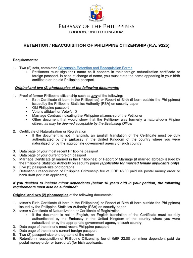 Retention / Reacquisition of Philippine Citizenship (R.A. 9225) | PDF | Birth Certificate ...