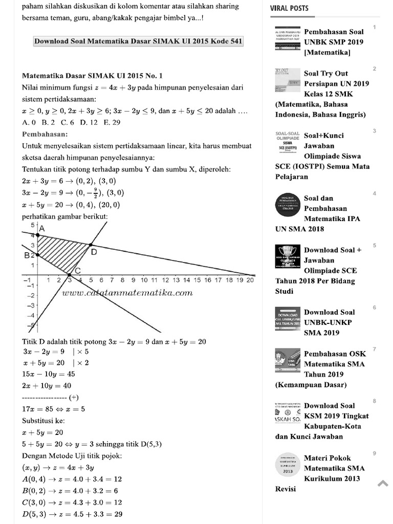 Pembahasan SIMAK UI 2015 Matematika Dasar Kode 541 - CATATAN MATEMATIKA | PDF