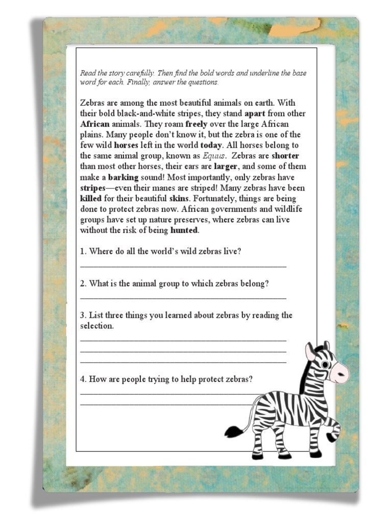 Zebra Reading Comprehension Exercises - 28952 | PDF