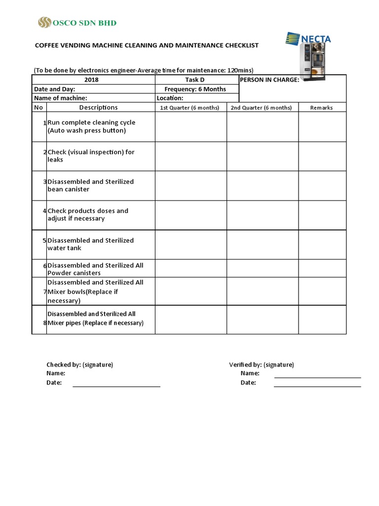 Coffee Vending Machine Cleaning and Maintenance Checklist | PDF