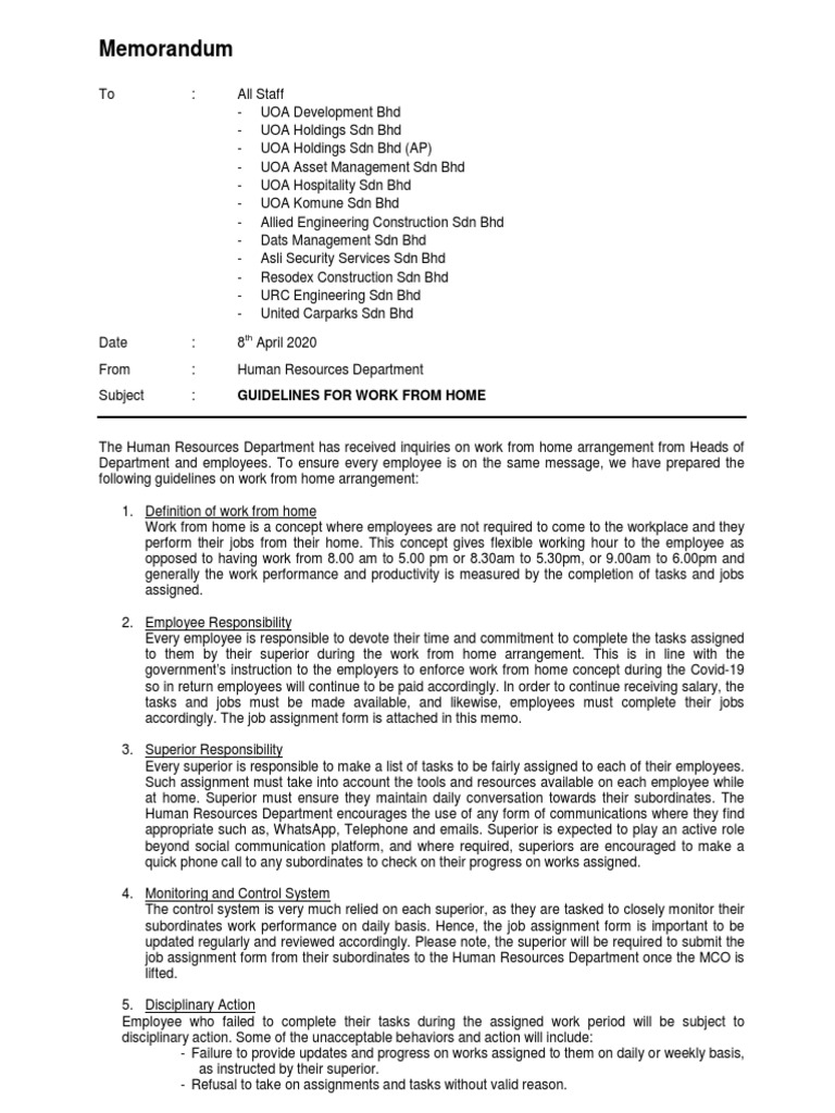 Memo - Guidelines For Work From Home PDF | PDF | Telecommuting | Employment