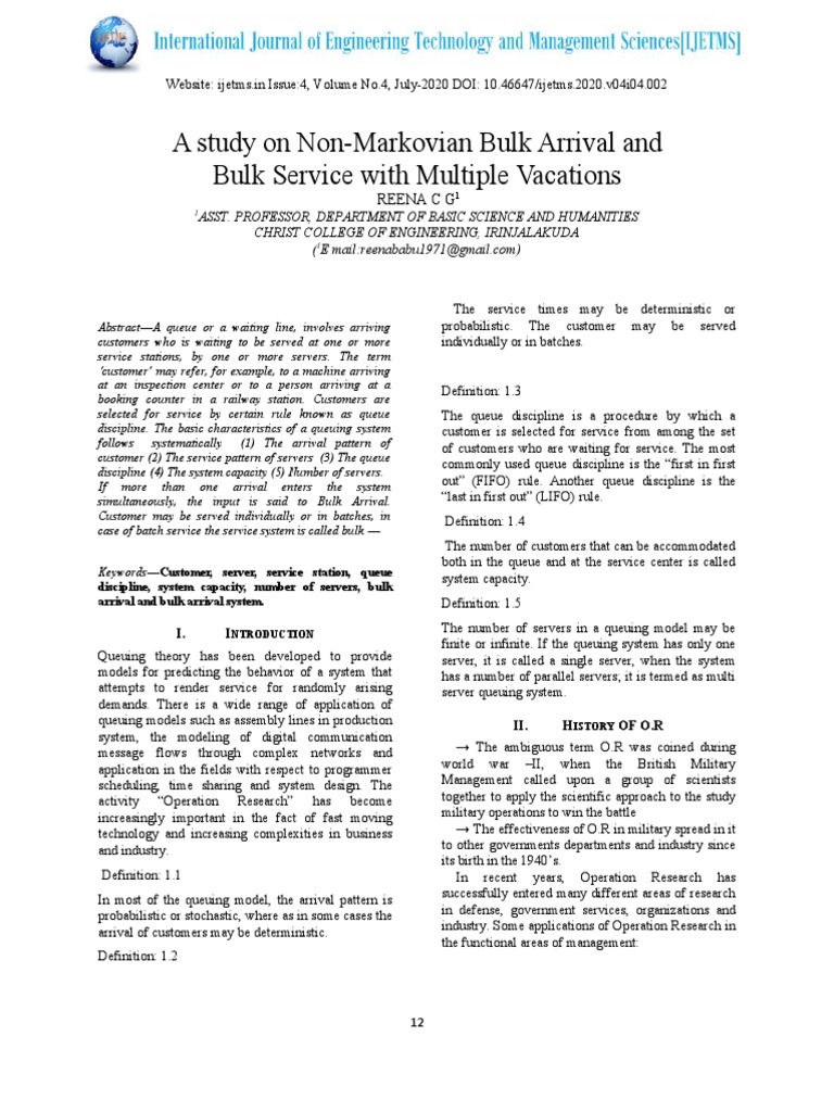A Study On Non-Markovian Bulk Arrival and Bulk Service With Multiple Vacations | PDF | Markov ...