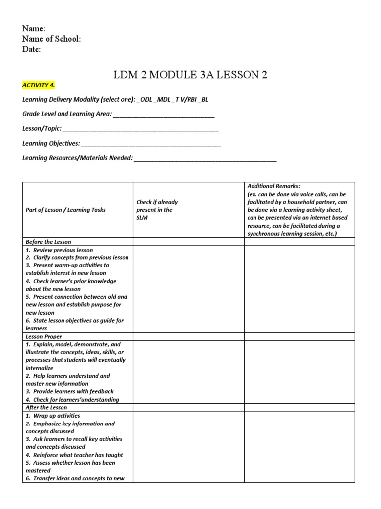 LDM 2 Module 3A Lesson 2: Name: Name of School: Date | PDF | Learning ...