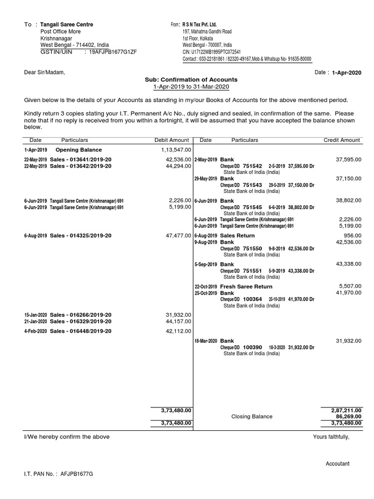 Ledger Balance Confirmation Letter | PDF | Cheque | Banks