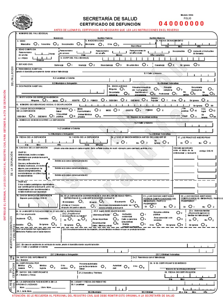 Certificado de Defunción: Instrucciones y Modelo | PDF | Epidemiología ...