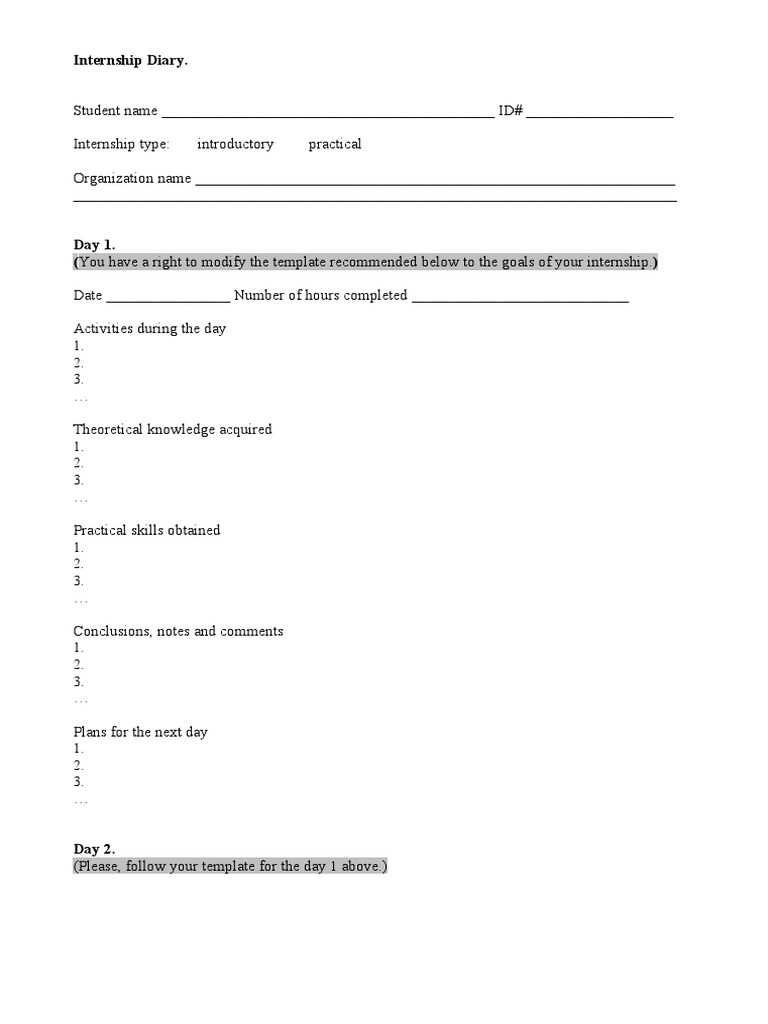 Internship Diary Template | PDF | Career & Growth