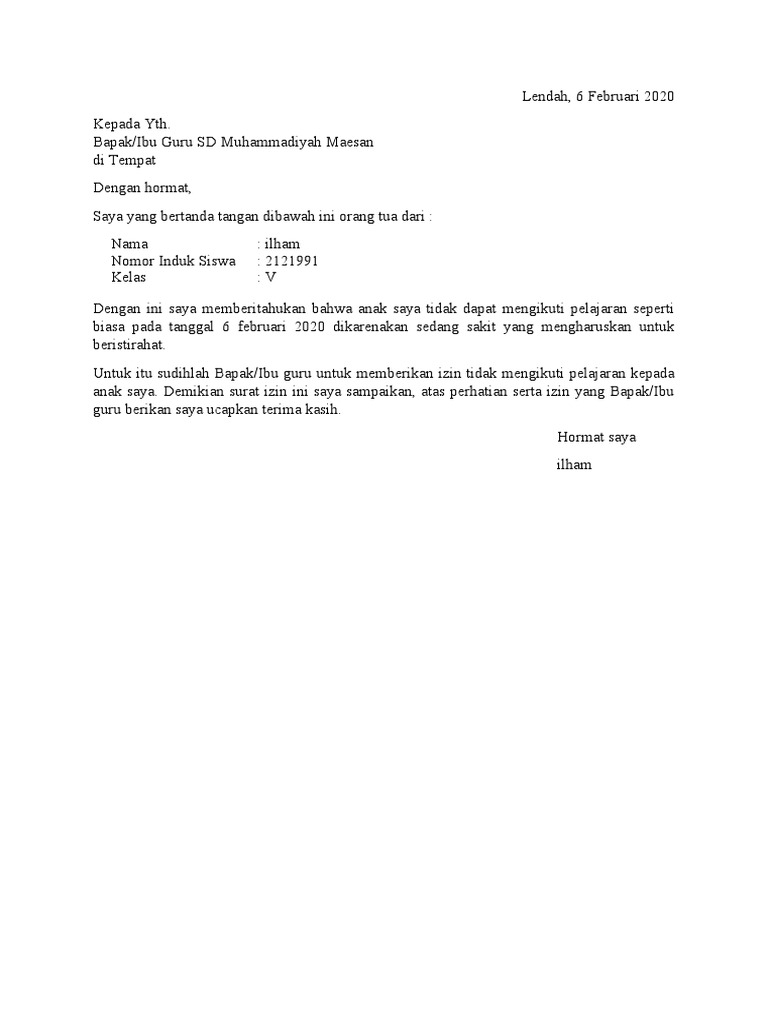 Contoh Surat Izin Sakit Sekolah | PDF