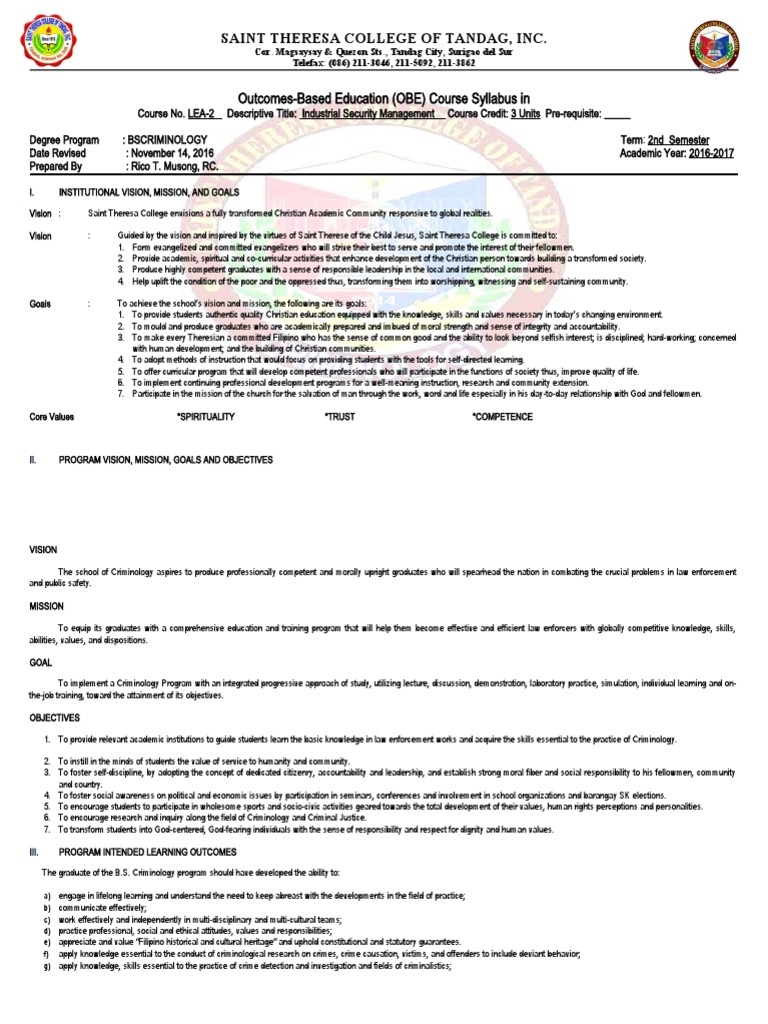 Outcomes-Based Education (OBE) Course Syllabus In: Saint Theresa ...