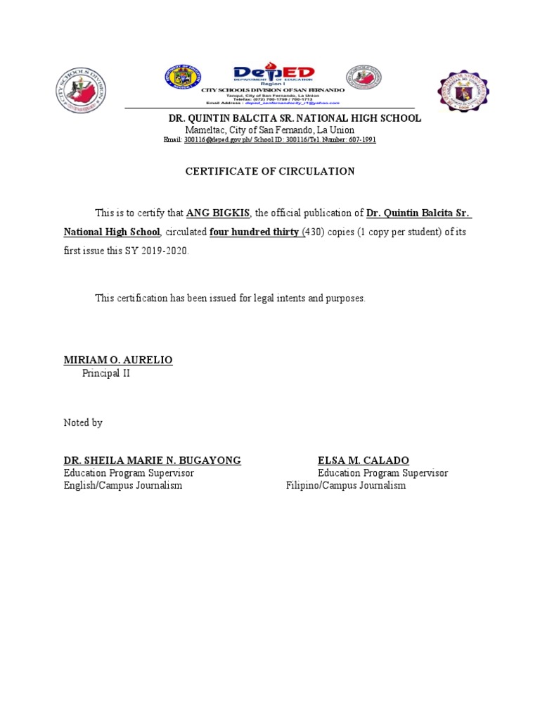Certificate of Circulation: Dr. Quintin Balcita Sr. National High ...