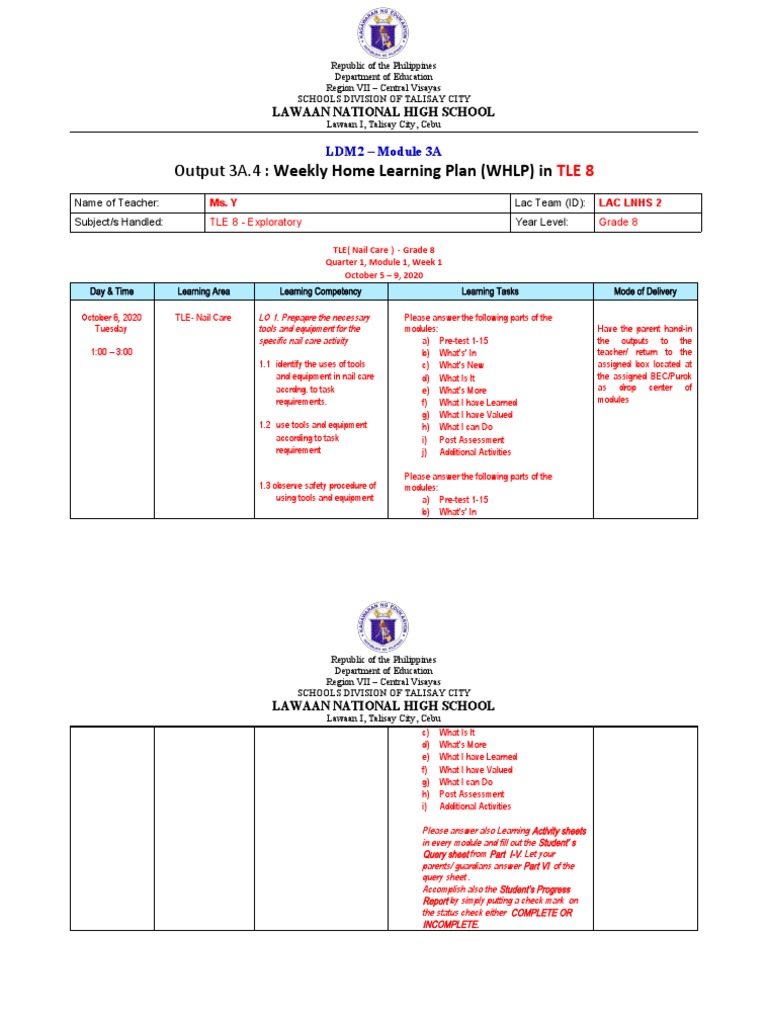 Output 3A.4: Weekly Home Learning Plan (WHLP) in | PDF | Teaching ...