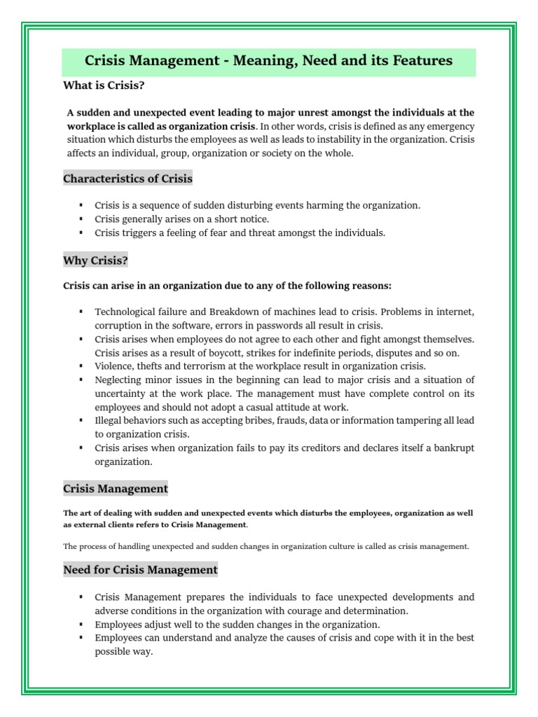 Crisis Management - Meaning, Need and Its Features | PDF | Crisis ...