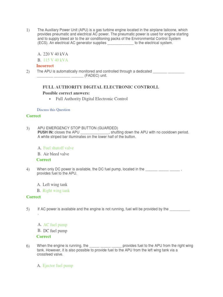E190 Type Training APU Reviwe Questions PDF | PDF | Vehicle Parts | Engines