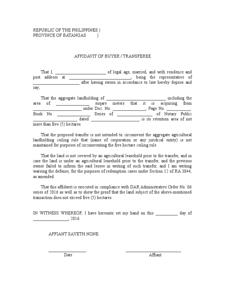 Affidavit of Buyer or Transferee Form | PDF