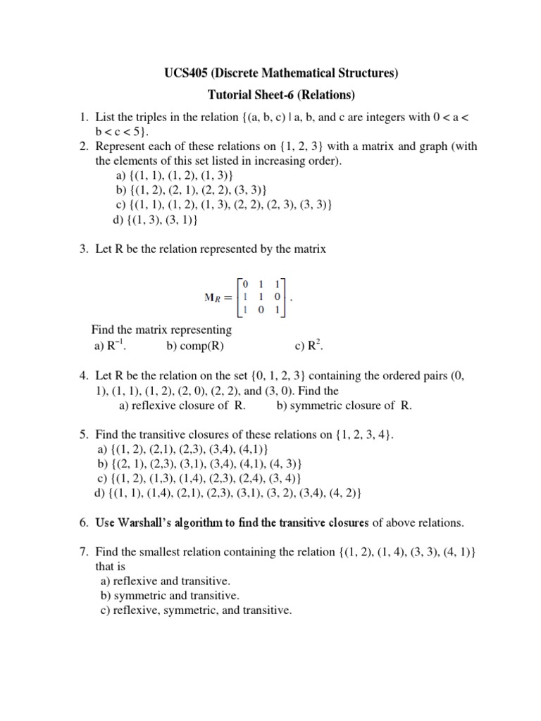 Tutorial Sheet-6 (Relations) | PDF