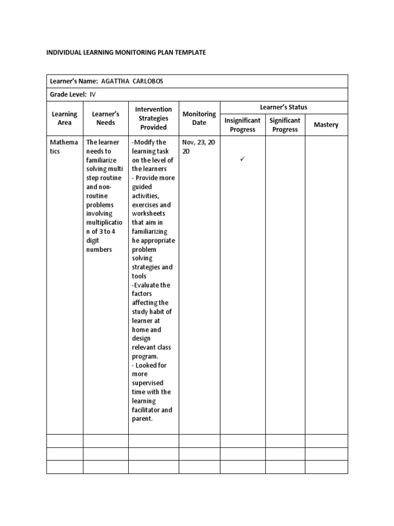 Individual Learning Monitoring Plan Template | PDF
