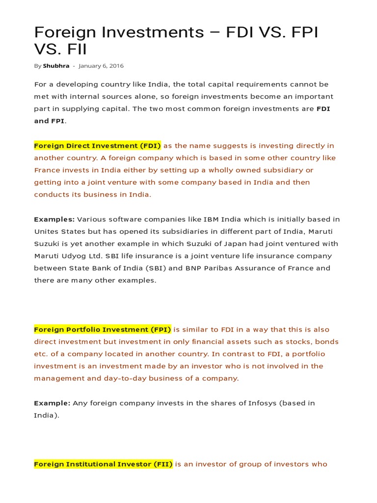 Foreign Investments - FDI VS. FPI VS. FII | PDF | Foreign Direct Investment | Institutional ...