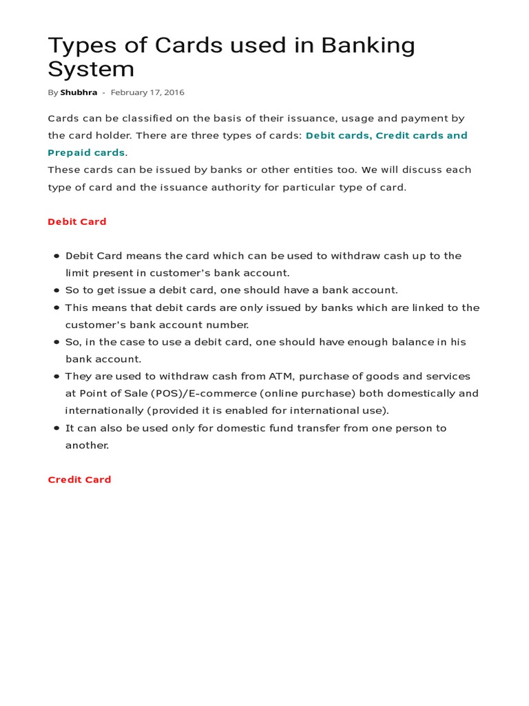 Types of Cards Used in Banking System | PDF | Debit Card | Credit Card