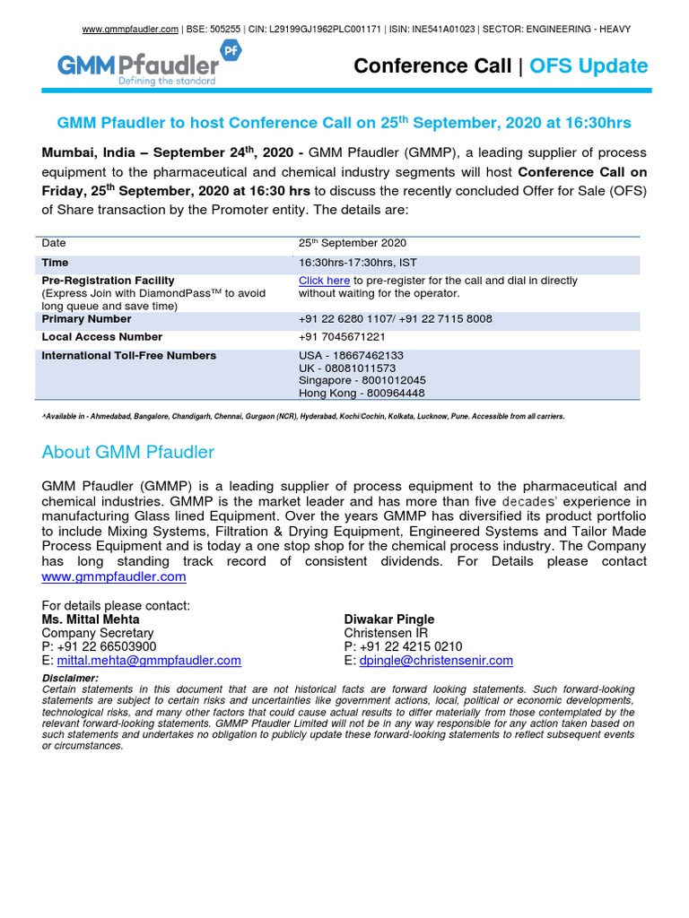 GMM Pfaudler OFS Conference Call Details | PDF | Conference Call ...