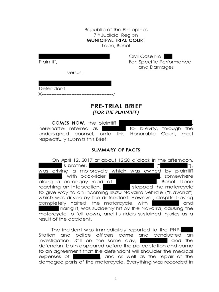 Sample Pre-Trial Brief | PDF | Discovery (Law) | Complaint