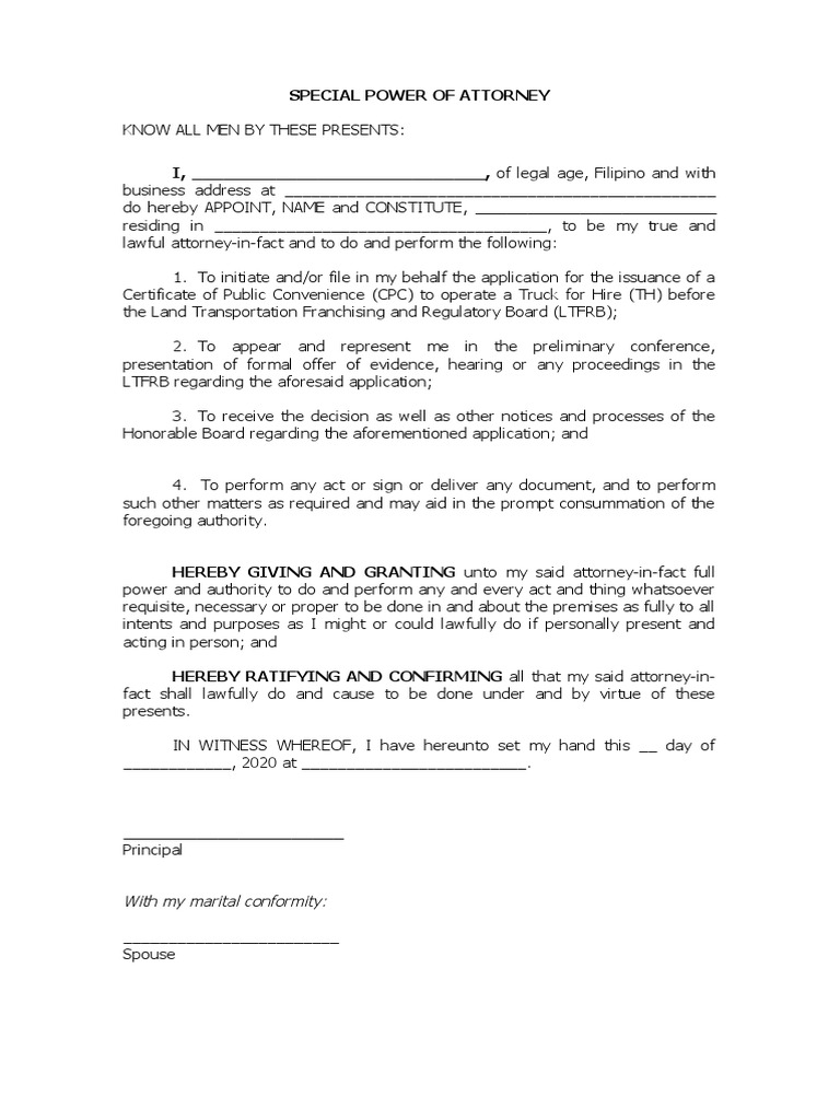 Special Power of Attorney For LTFRB Application | PDF | Power Of ...