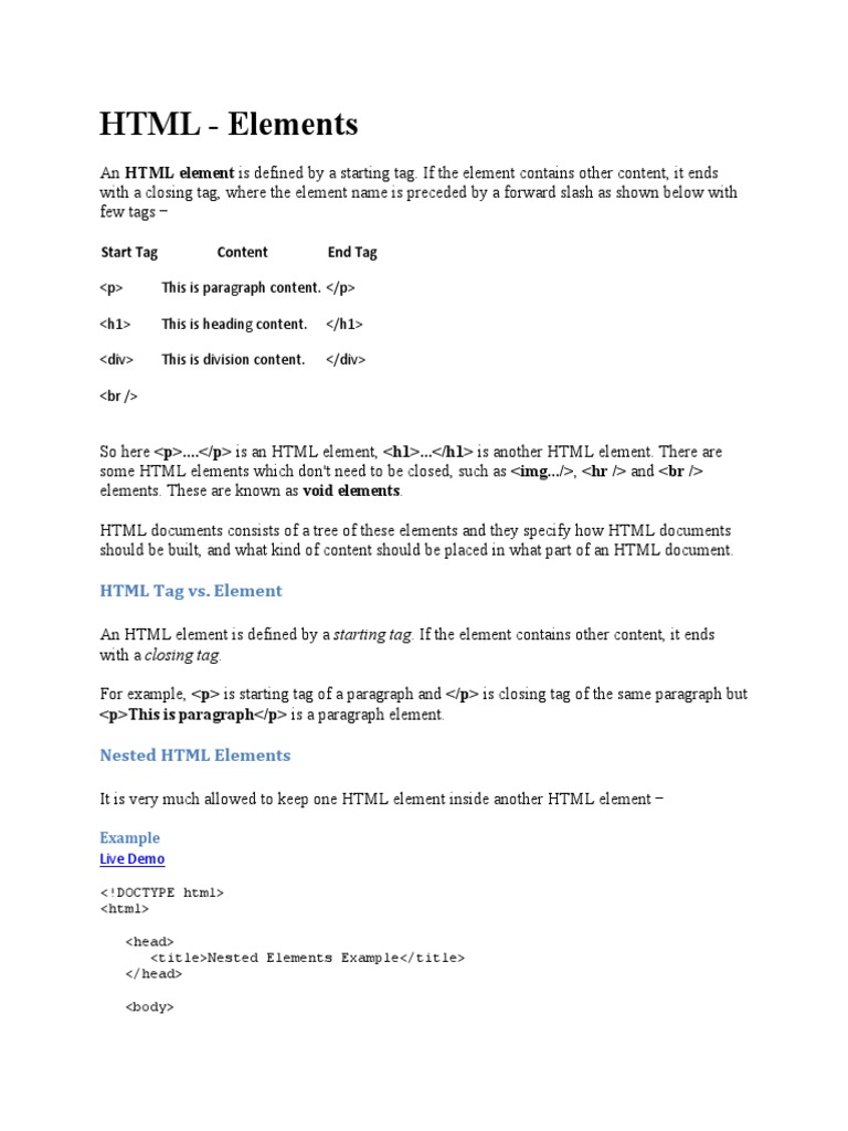HTML - Elements: Start Tag Content End Tag | PDF