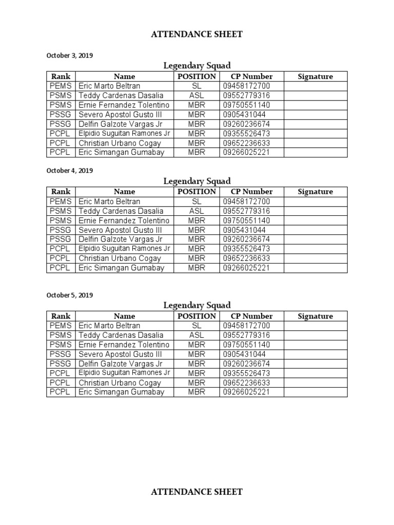 Attendance Sheet Squad | PDF