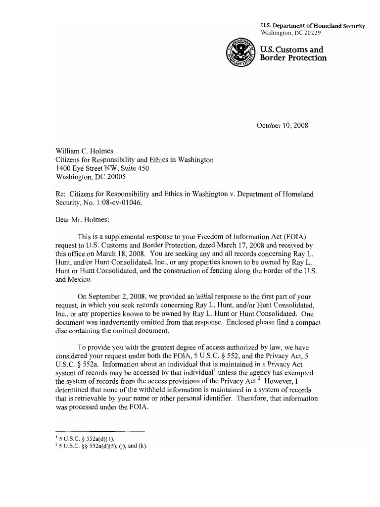 CREW: DHS: Regarding Border Fence: 10/10/08 - FOIA Response | PDF ...