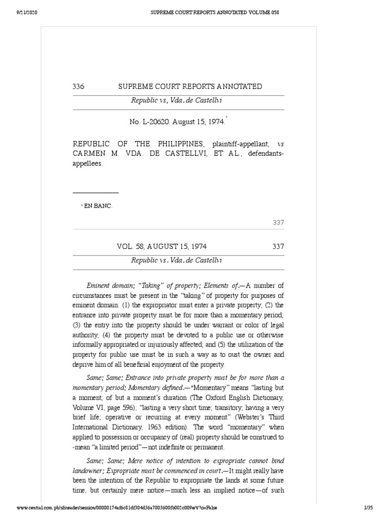 Republic vs. Castelvi, 58 SCRA 336 (1974) | PDF | Lease | Eminent Domain