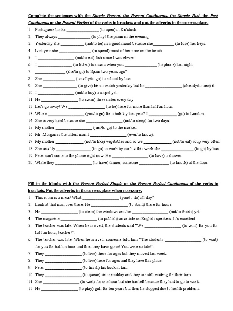 Verb Tense and Adverb Placement Practice: Sentence Completion Exercise ...