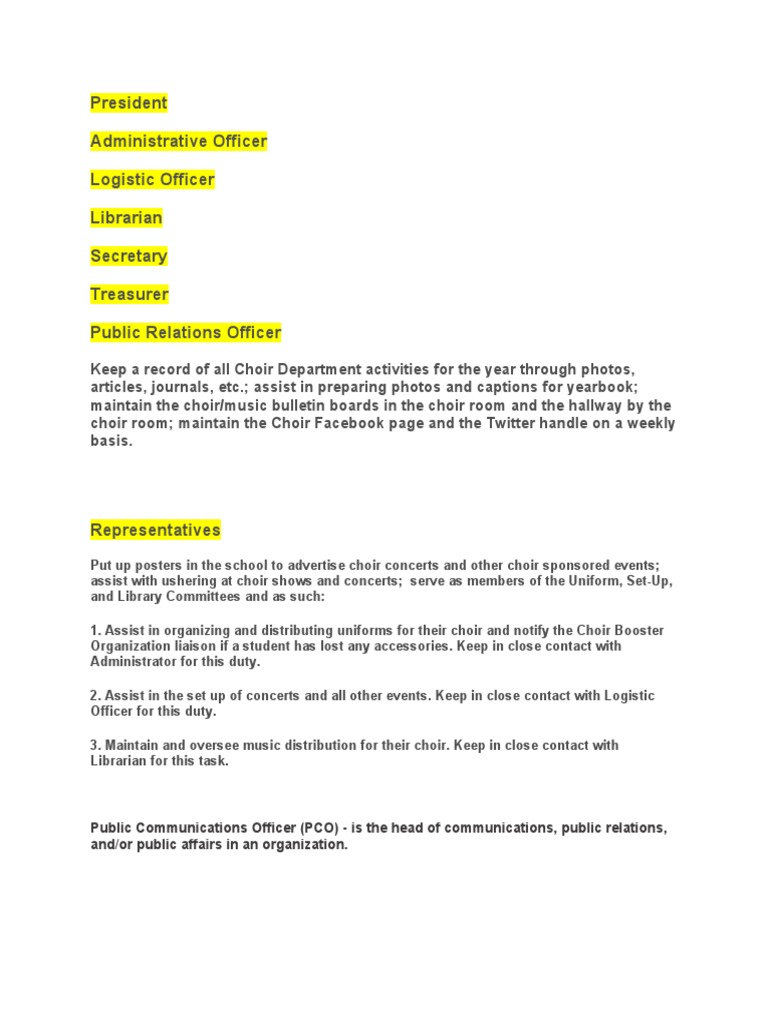 Choir Leadership Roles and Duties | PDF | Language Arts & Discipline ...