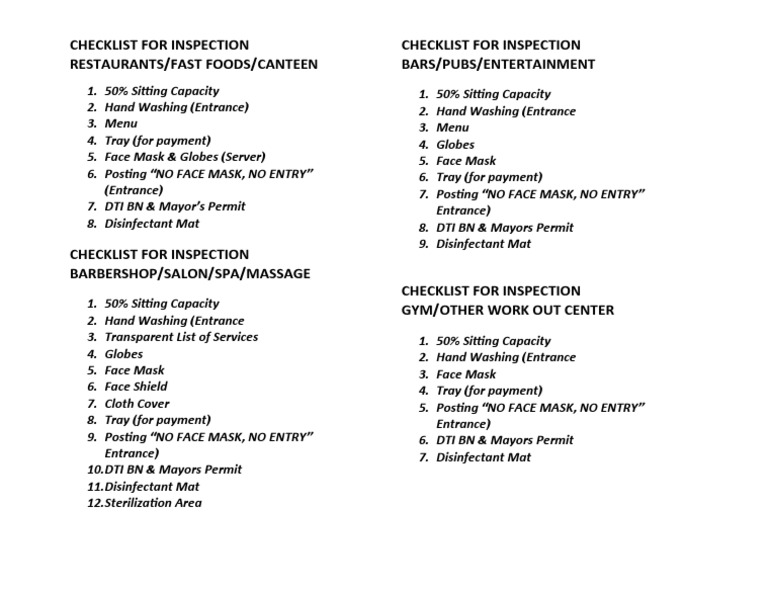 Checklist For Inspection Restaurants/Fast Foods/Canteen Checklist For ...