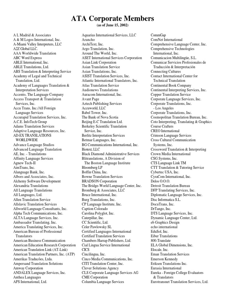 ATA Corporate Membership Listing as of June 2002 | PDF | Translations ...