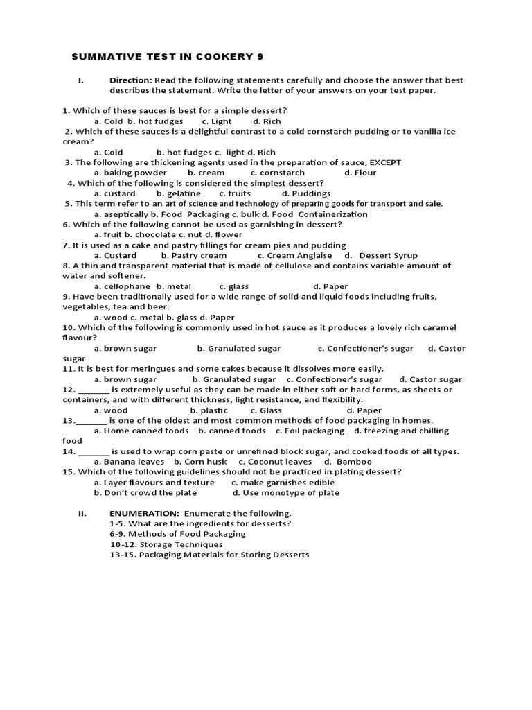 Cookery 9 Summative Test Quarter 4 | PDF | Custard | Pudding