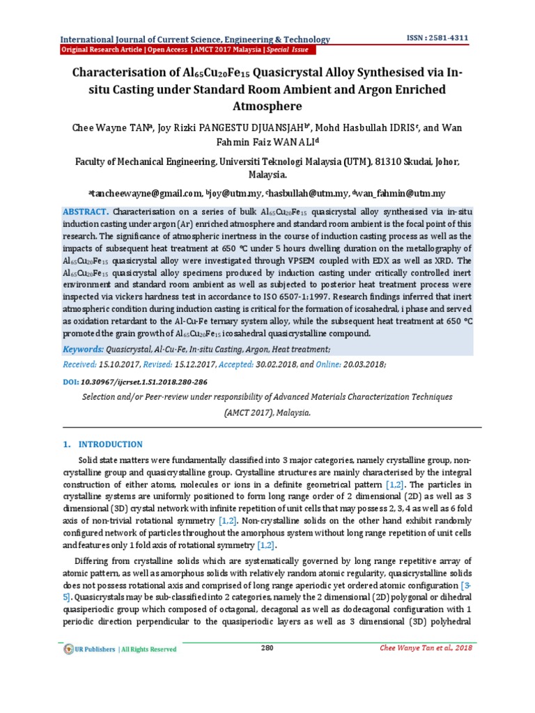 Characterisation of Al Cu Fe Quasicrystal Alloy Synthesised Via In-Situ ...