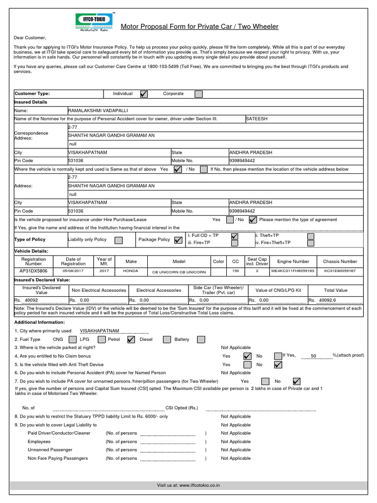 Motor Proposal Form For Private Car / Two Wheeler: Customer Type ...