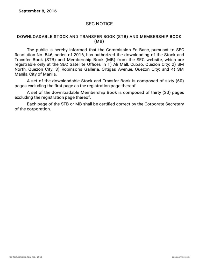 Sec Notice: September 8, 2016 September 8, 2016 | PDF | Business