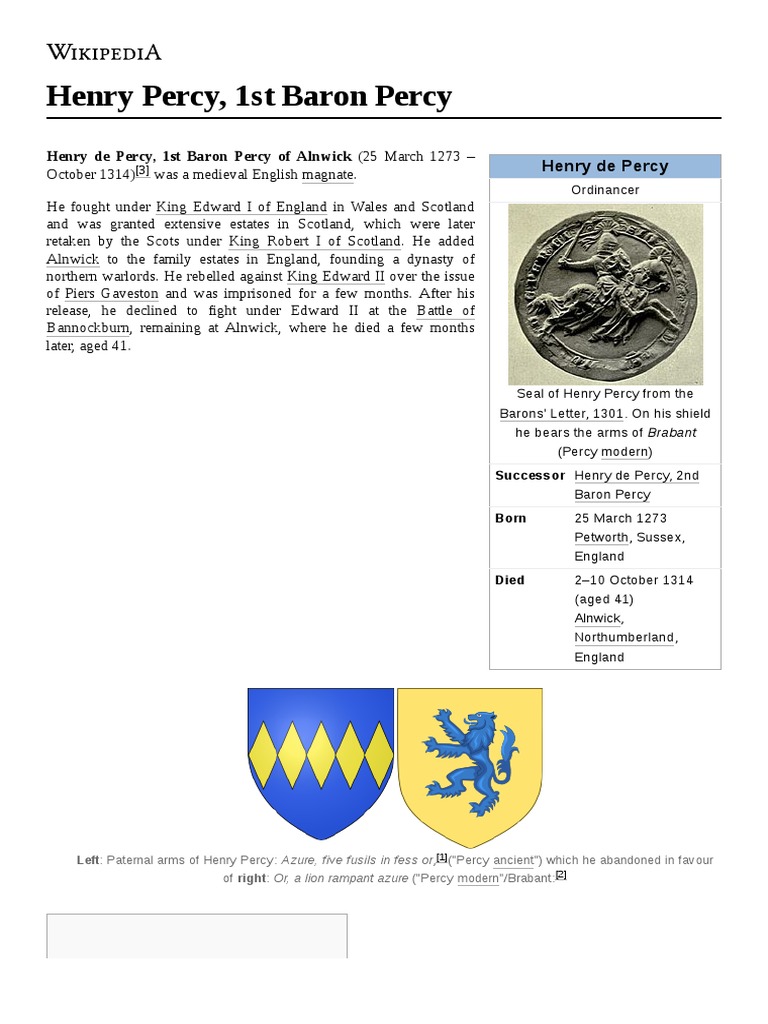 Henry de Percy, 1st Baron Percy of Alnwick (25 March 1273 | PDF ...