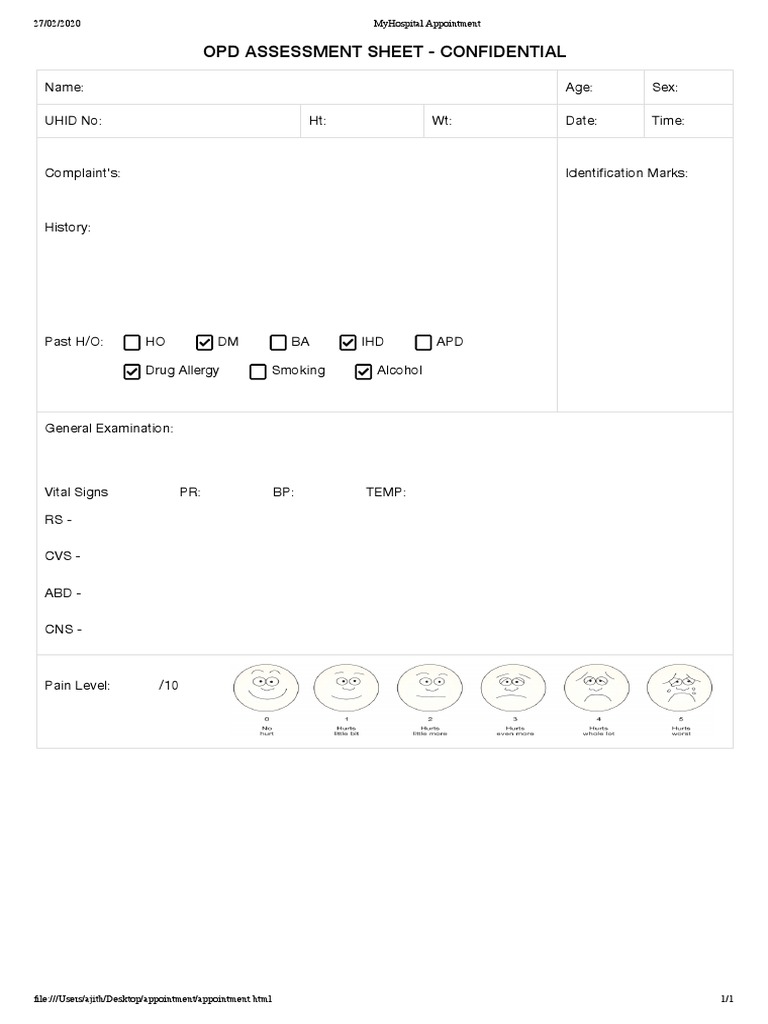 Opd Assessment Sheet - Confidential: Name: Age: Sex: Uhid No: HT: WT ...