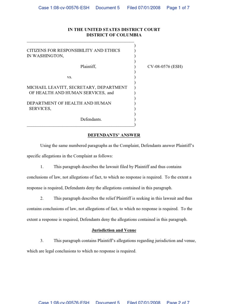 CREW v. Leavitt (HHS) Et Al: Re: Head Start: 7/1/08 - Leavitt's Answer ... CREW v. Leavitt (HHS) Et Al: Re: Head Start: 7/1/08 - Leavitt's Answer ...