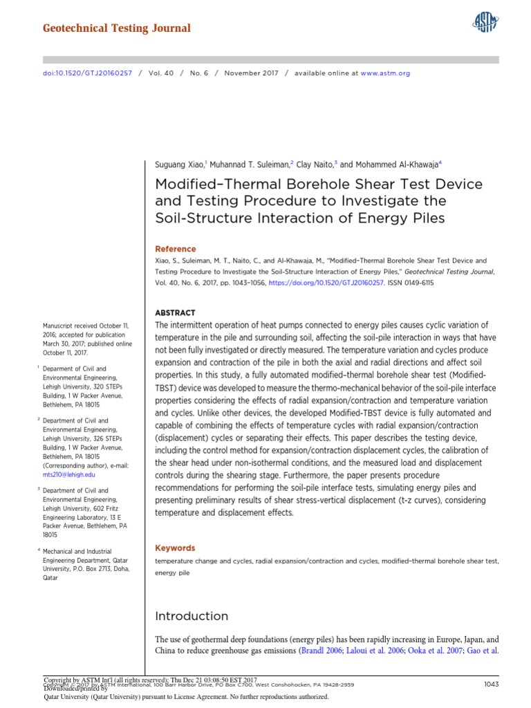 Modified - Thermal Borehole Shear Test Device and Testing Procedure To ...