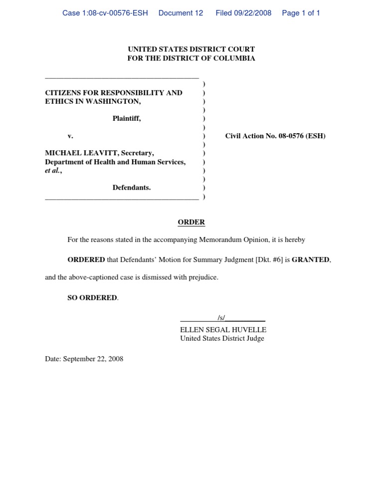 CREW v. Leavitt (HHS) Et Al: Re: Head Start: 9/22/08 - Order (Document ... CREW v. Leavitt (HHS) Et Al: Re: Head Start: 9/22/08 - Order (Document ...