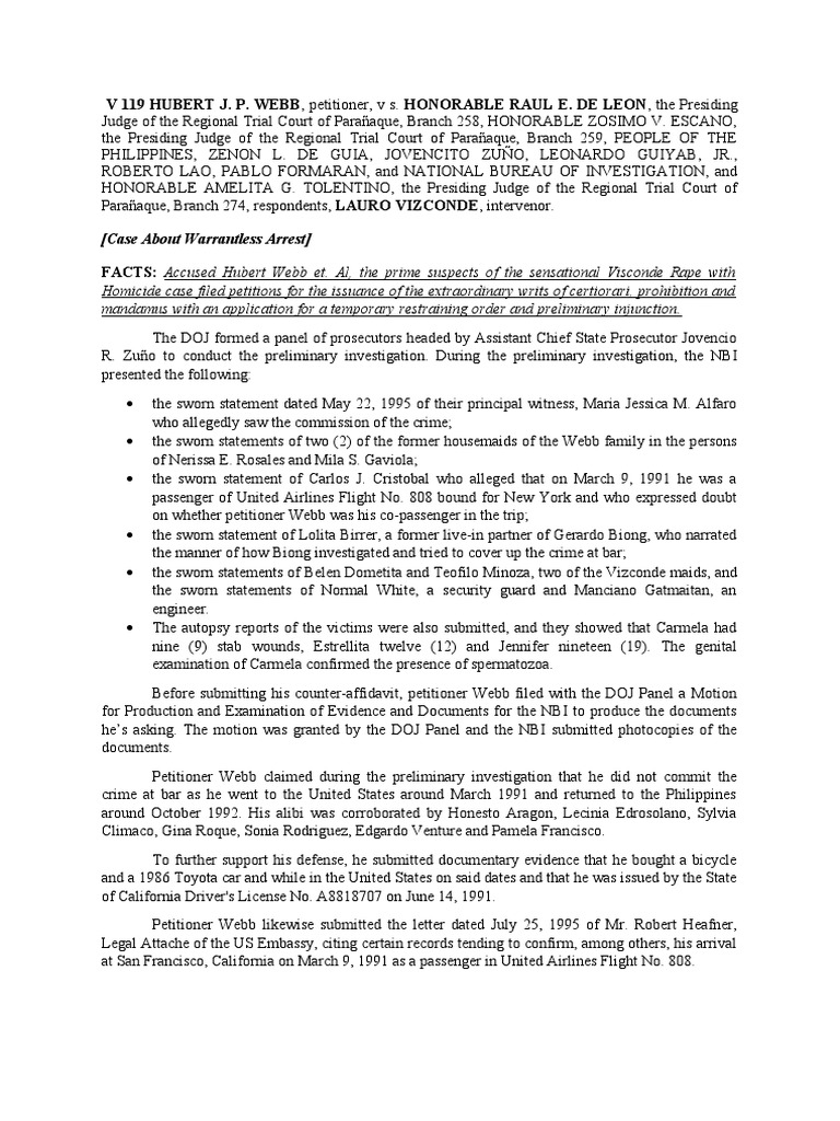 V 119 HUBERT J. P. WEBB, Petitioner, V S. HONORABLE RAUL E. DE LEON ...