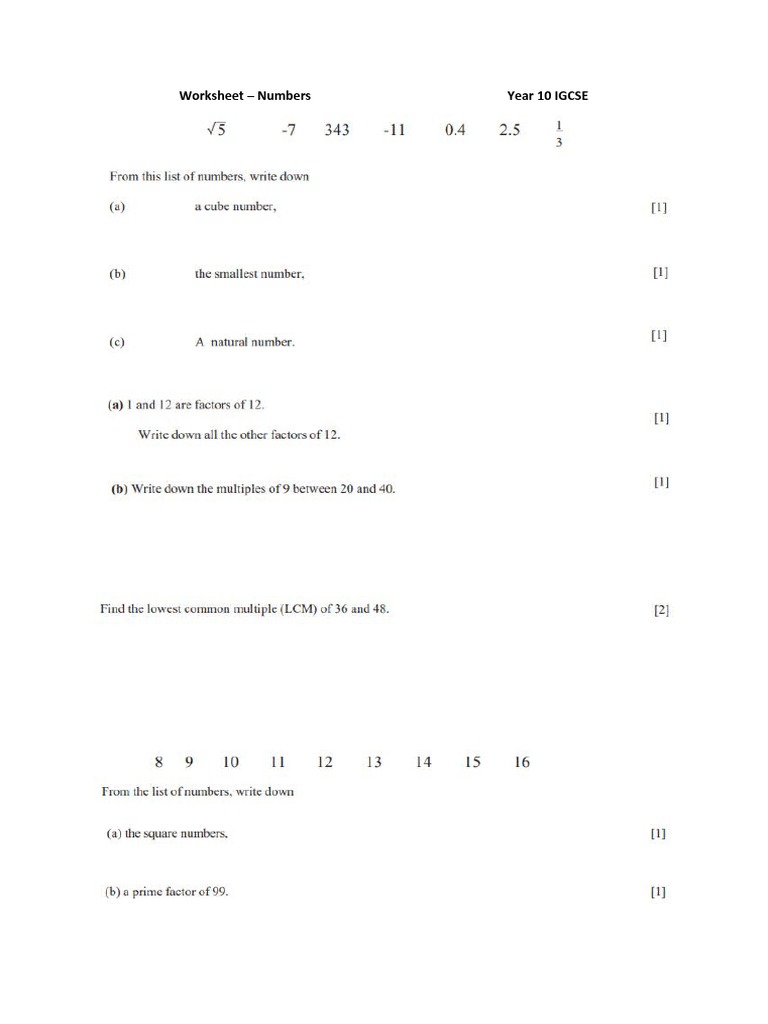 Worksheet - Numbers Year 10 IGCSE | PDF